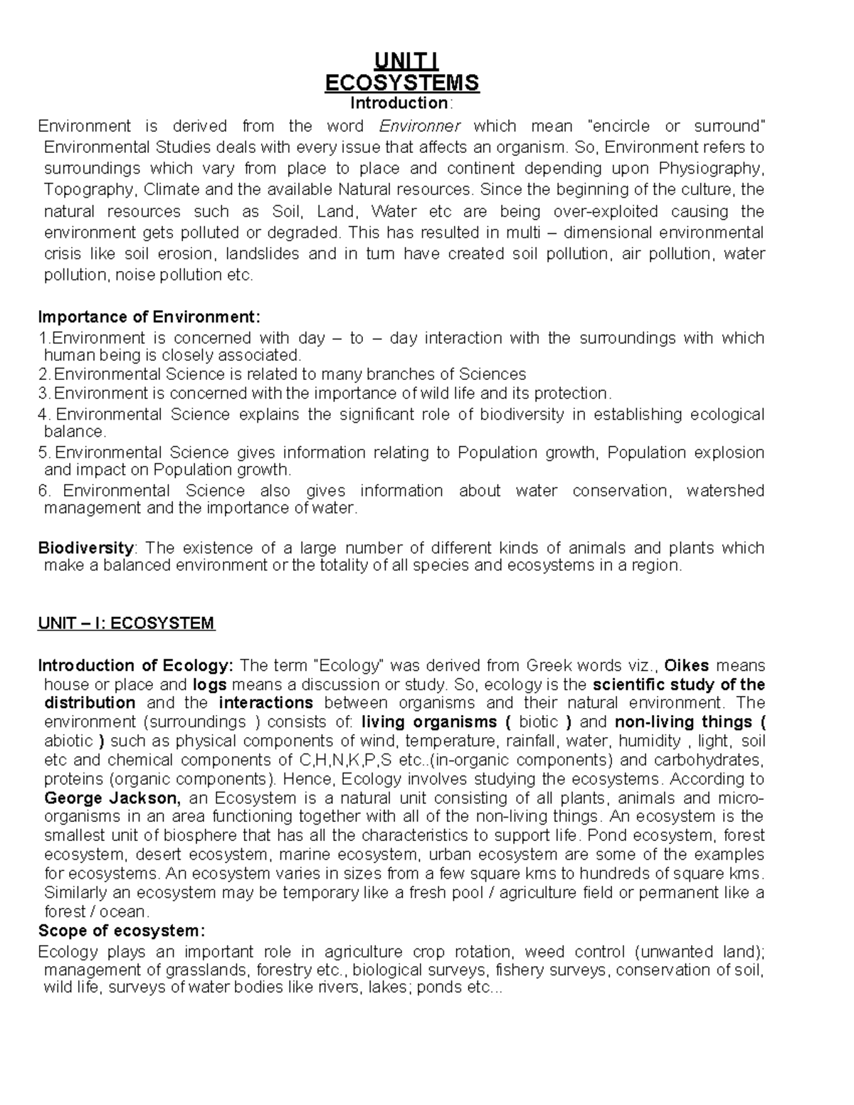 ES 101: Unit I - Ecosystems and Environmental Interactions - Studocu