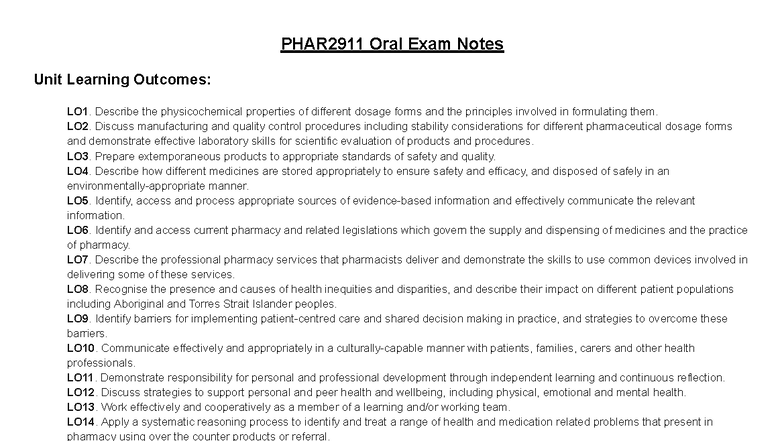 PHAR2911 exam notes-2 - PHAR2911 Oral Exam Notes Unit Learning Outcomes ...