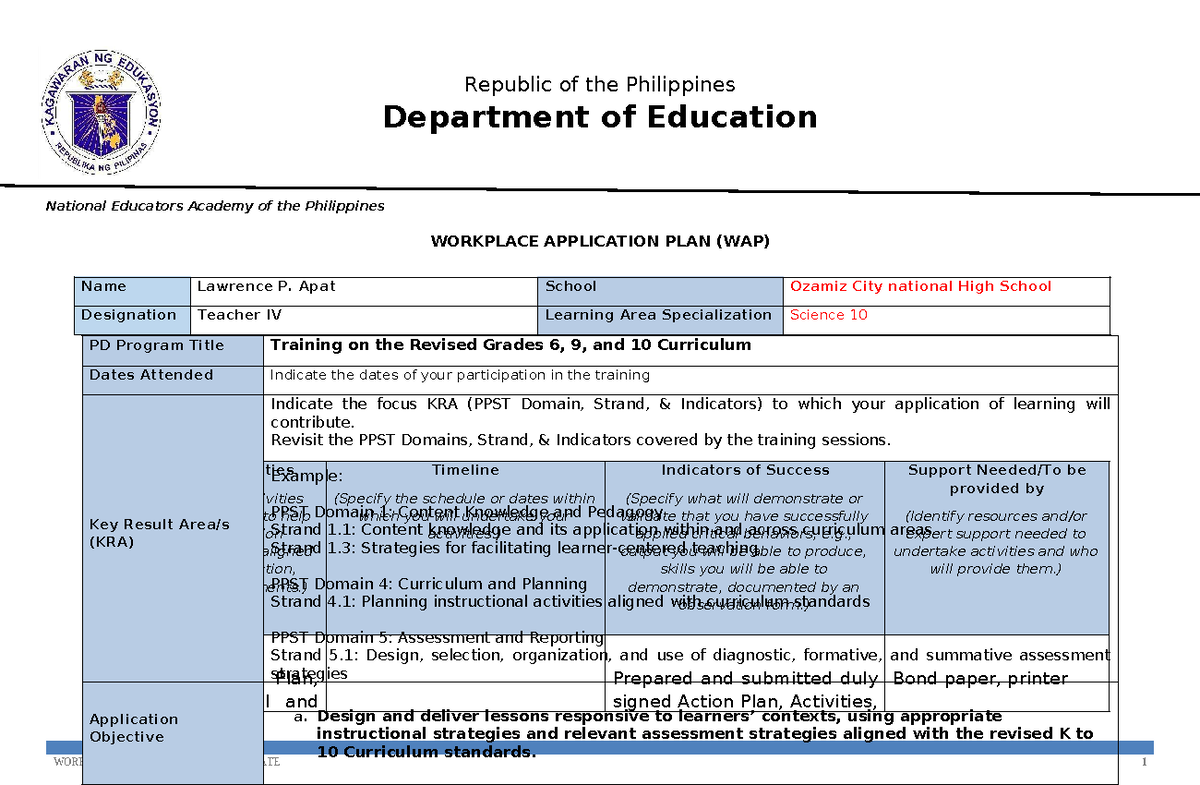 WAP for Science 10: Application Plan by Lawrence P. Apat - Studocu
