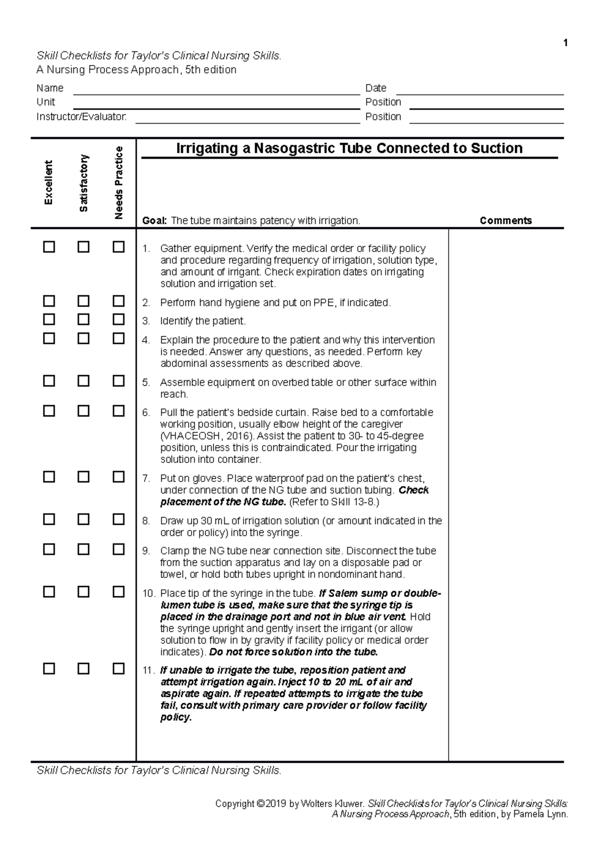 Irrigating a Nasogastric Tube Connected to Suction - 1 Skill Checklists ...