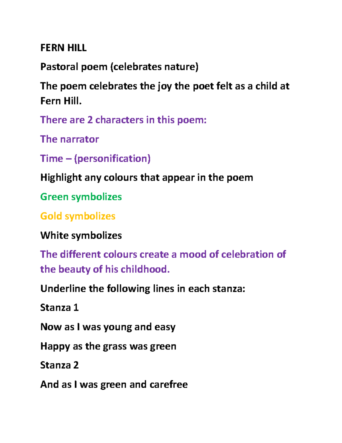 Fern Hill Matric Notes: Analyzing the Pastoral Poem - Studocu