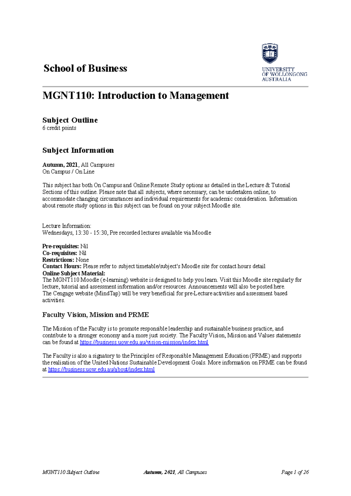 MGMT110 Subject Outline 2021 - School of Business MGNT110: Introduction ...