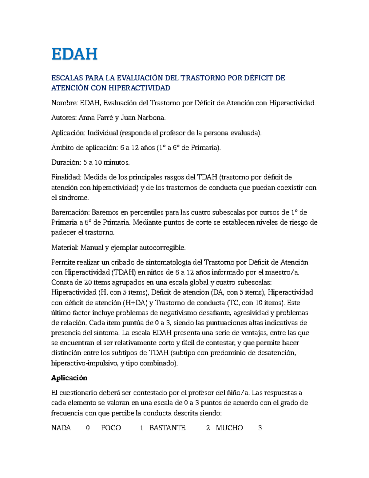 EDA - Ficha Técnica de la Prueba EDAH para TDAH en Niños - Studocu