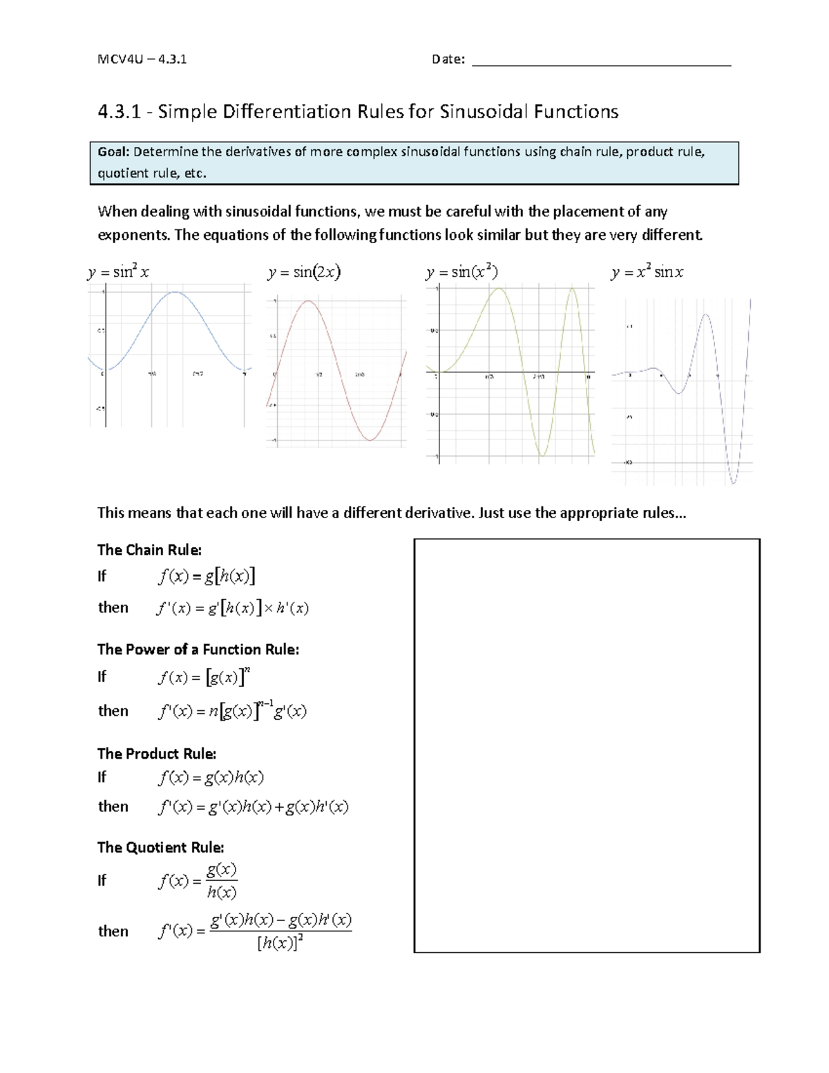 4.3.1 Simple Differentiation Rules for Sinusoidal Functions - MCV4U – 4 ...