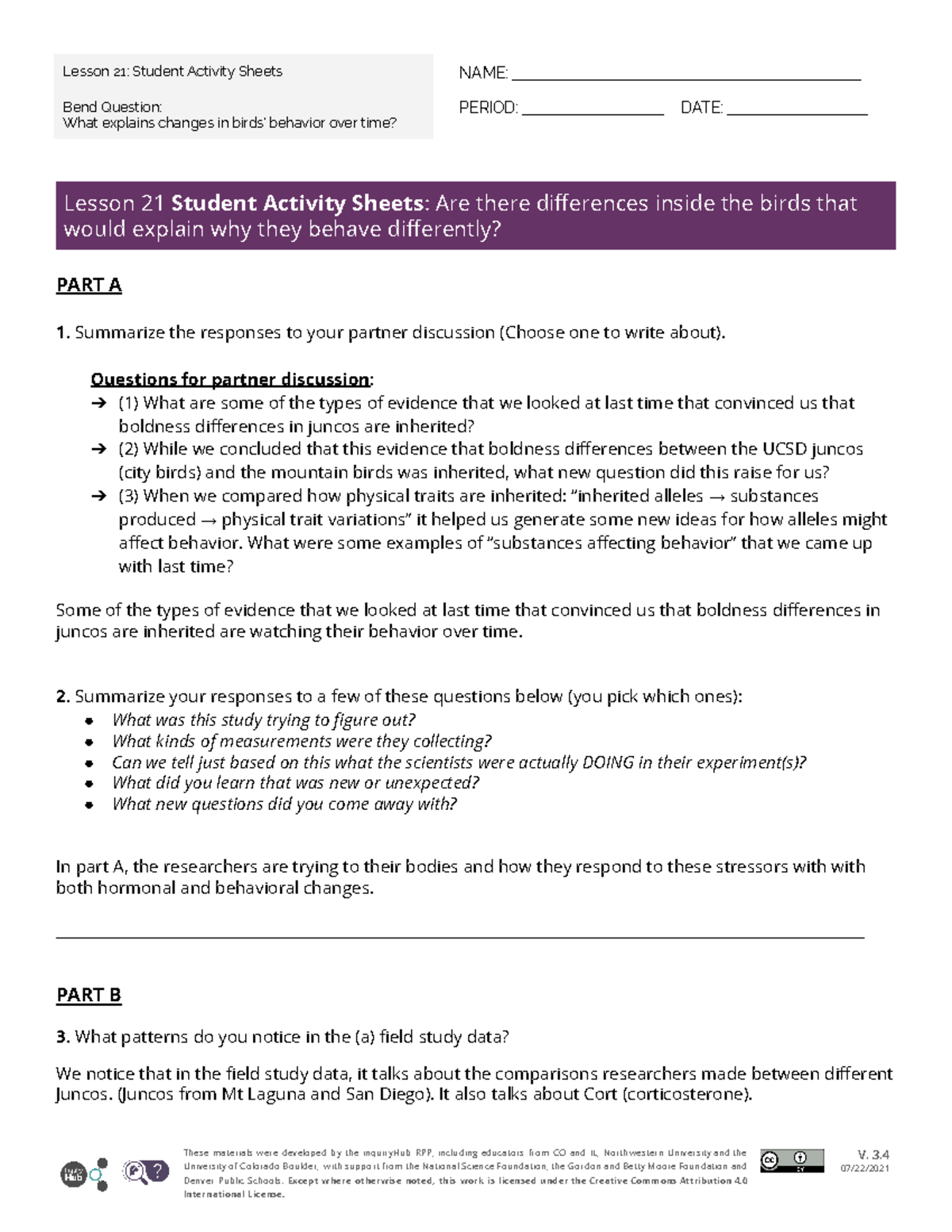 21.2 Student Activity Sheet: Understanding Juncos' Evolution Behaviors ...