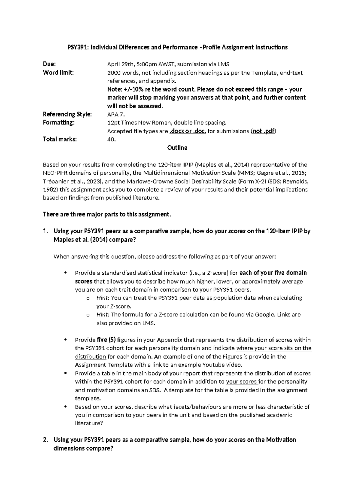 PSY391 Assignment - Profile Instructions 2025 - PSY391: Individual ...