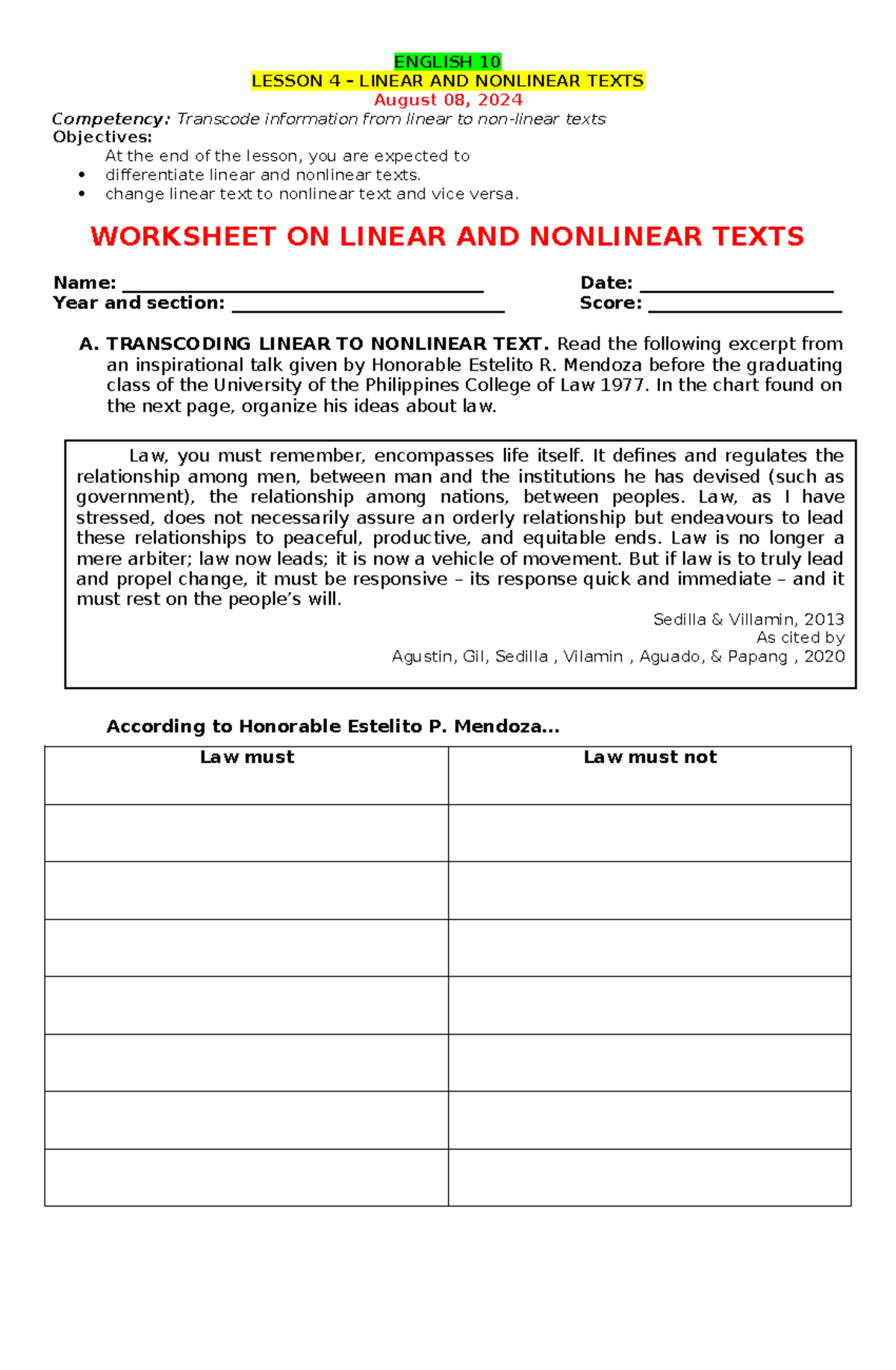 ENGLISH 10 LESSON 4: LINEAR & NONLINEAR TEXTS WORKSHEET - Studocu