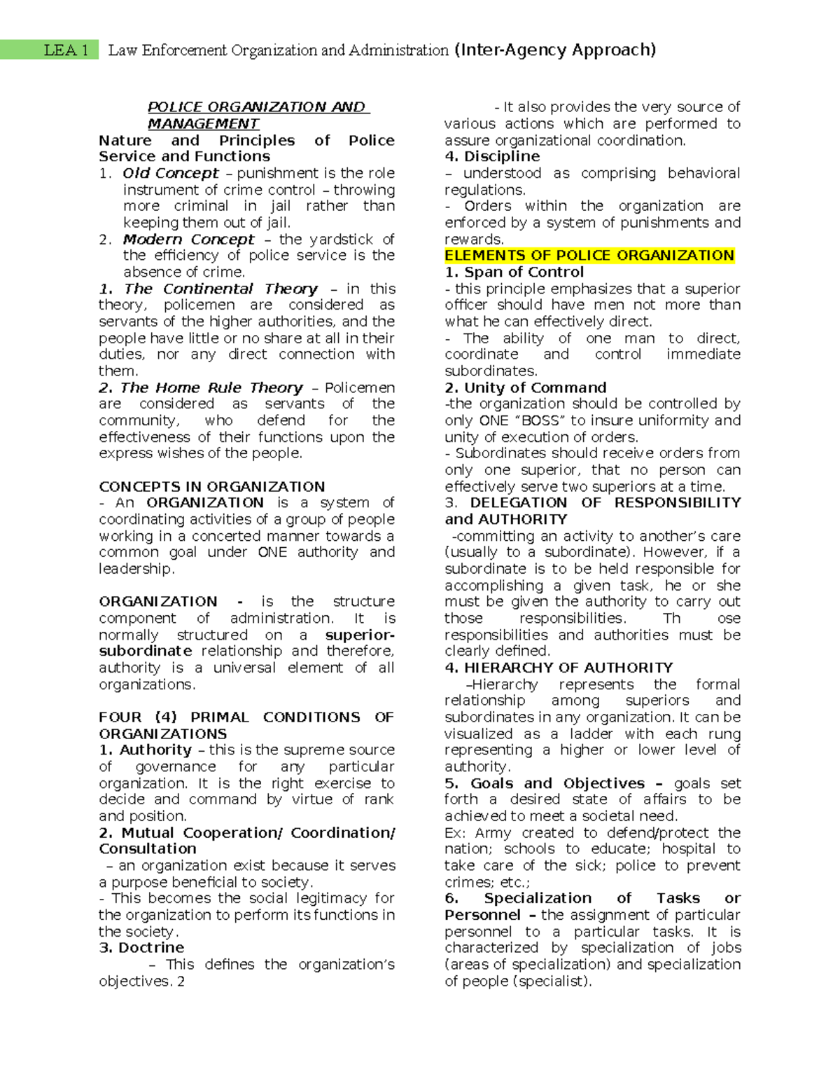 LEA 1 Police Organization & Management: Concepts and Principles Review ...