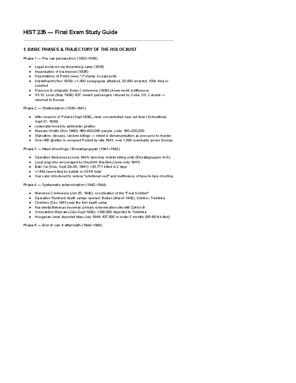 HIST 235 — Final Exam Study Guide: The Holocaust and Its Phases - Studocu
