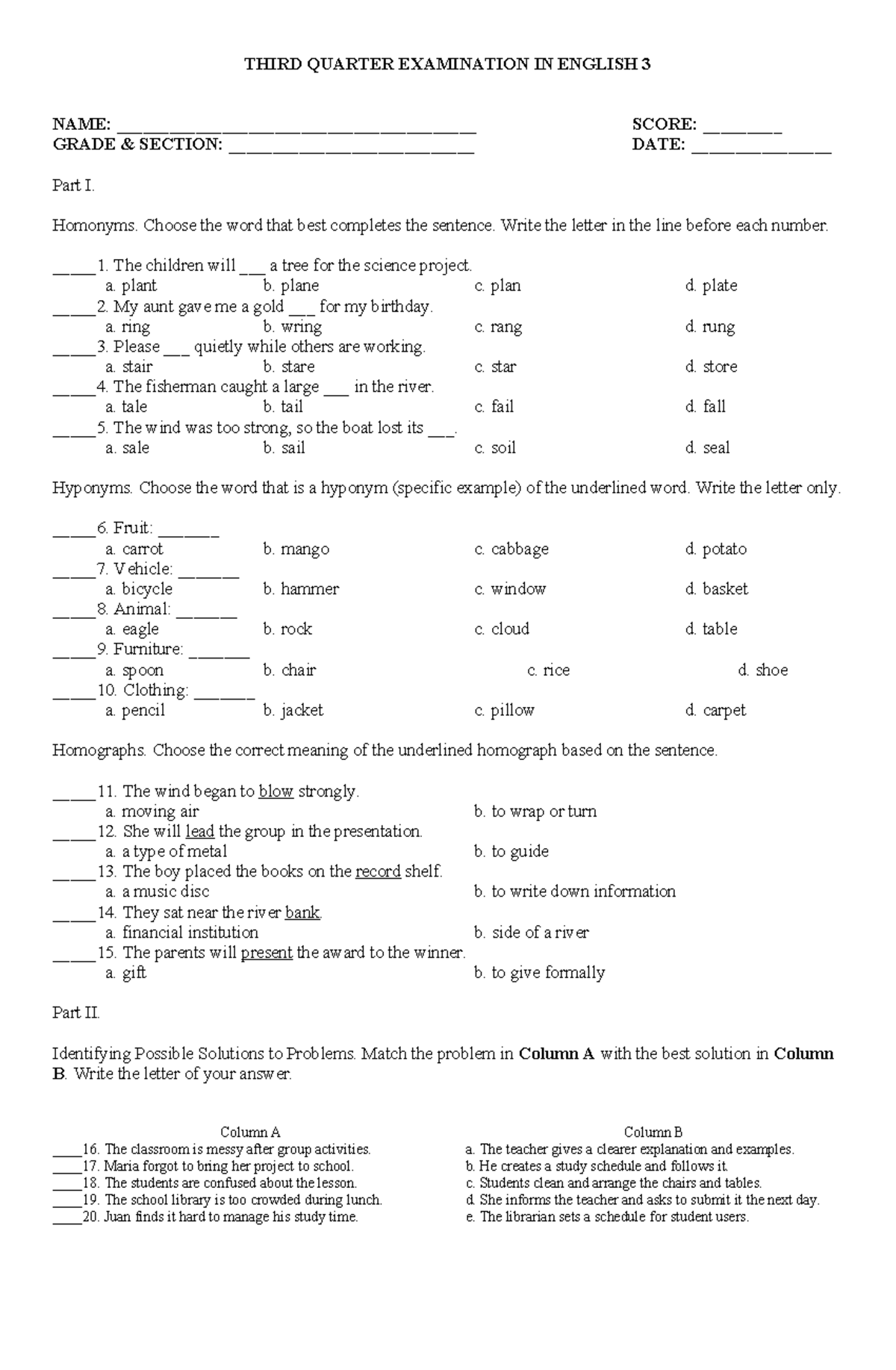 English 3 - Third Quarter Exam Review and Practice - Studocu