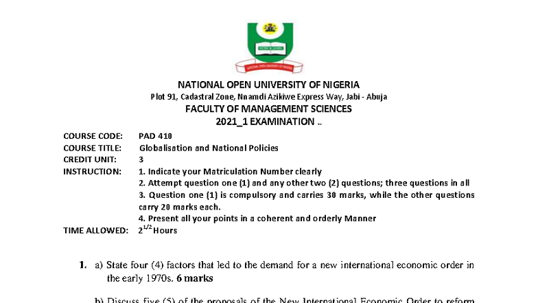 PAD 410 - Globalisation and National Policies Exam Past Questions - Studocu