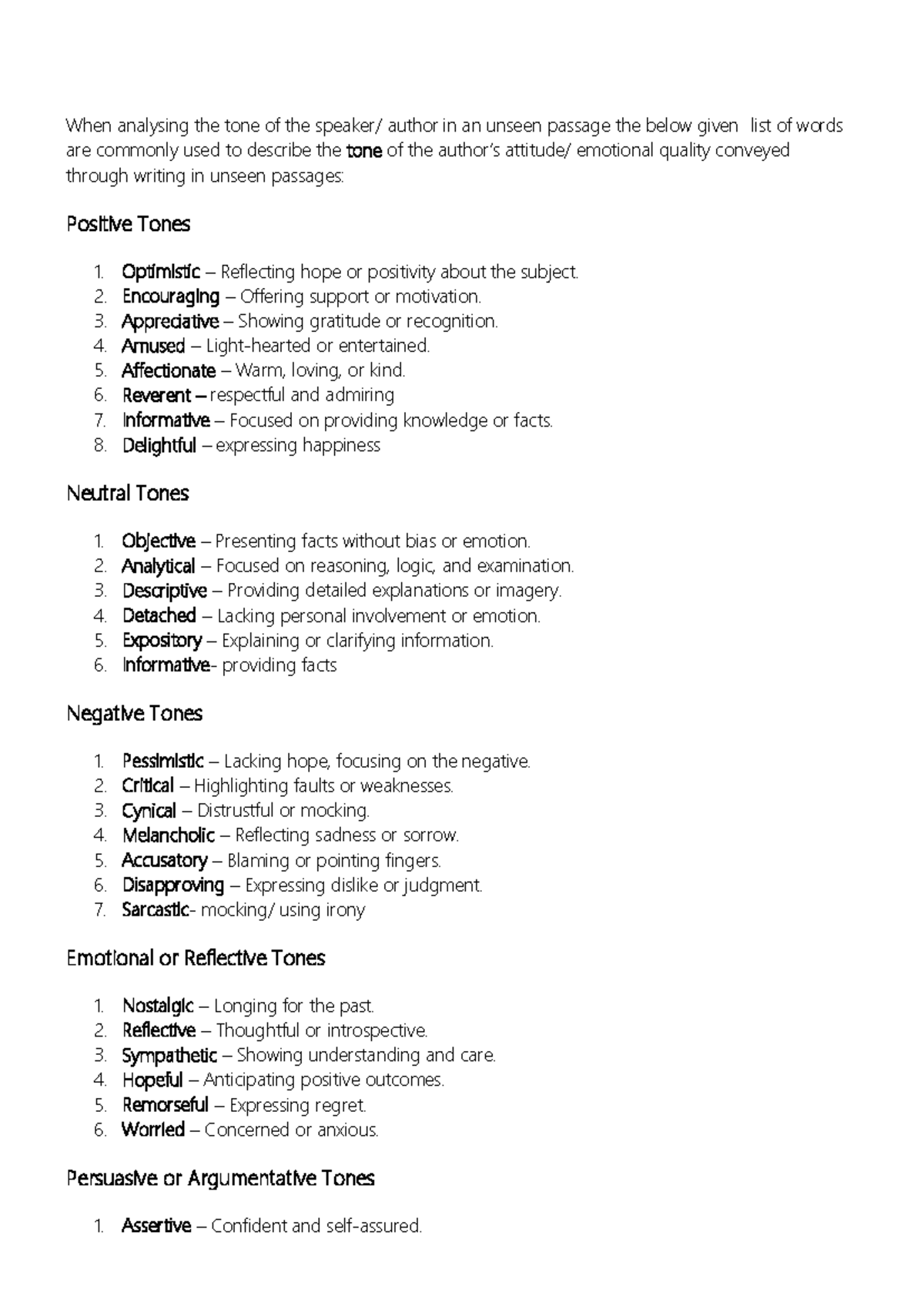 Various Tones Used in Unseen Passages for Analysis - Studocu