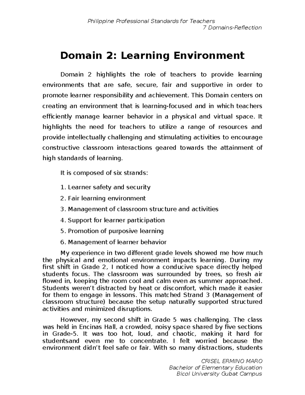 Philippine Professional Standards for Teachers: Domain 2 - Learning Environment - Studocu