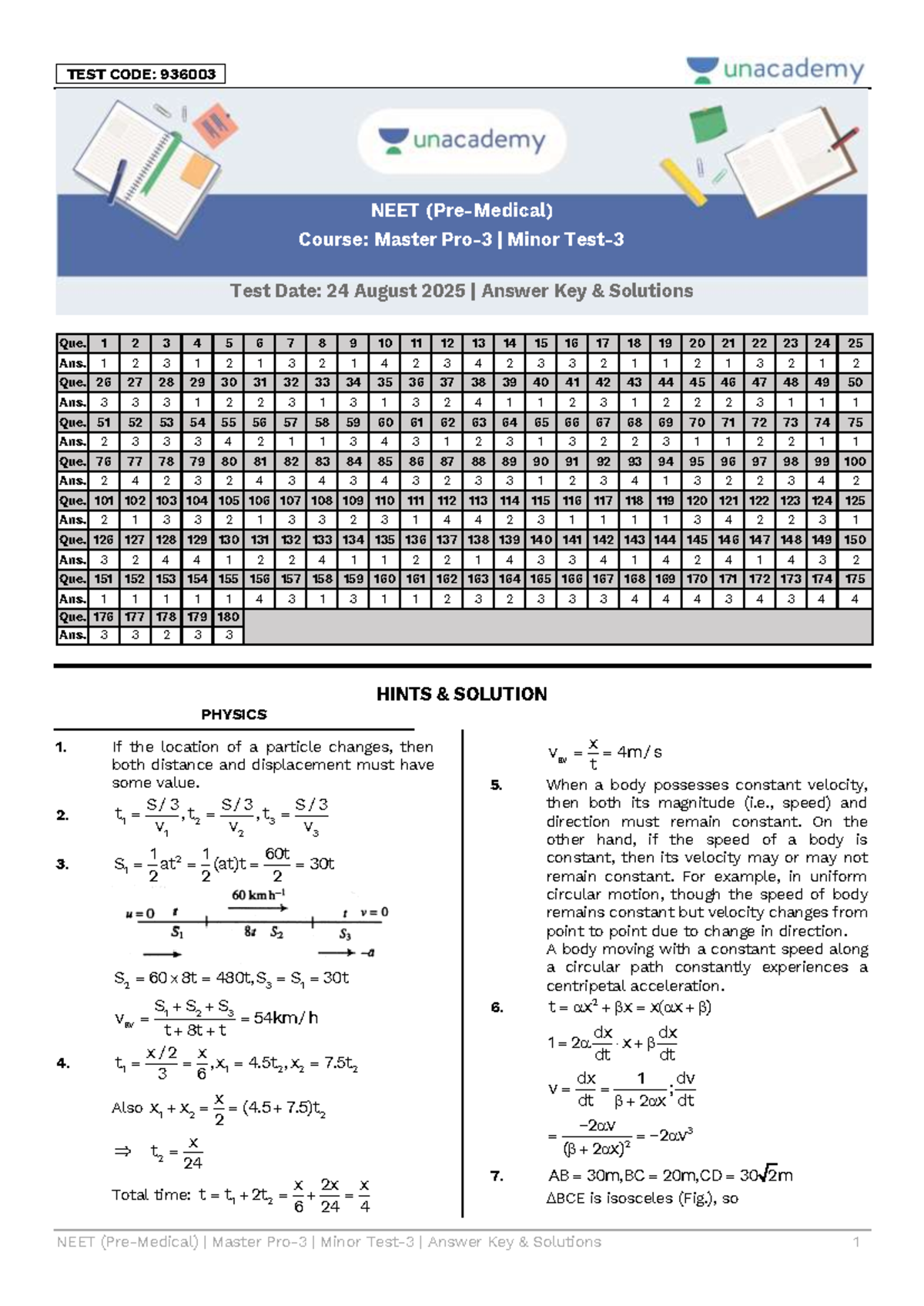 NEET 936003 Master Minor Test Answer Key Solutions - Studocu