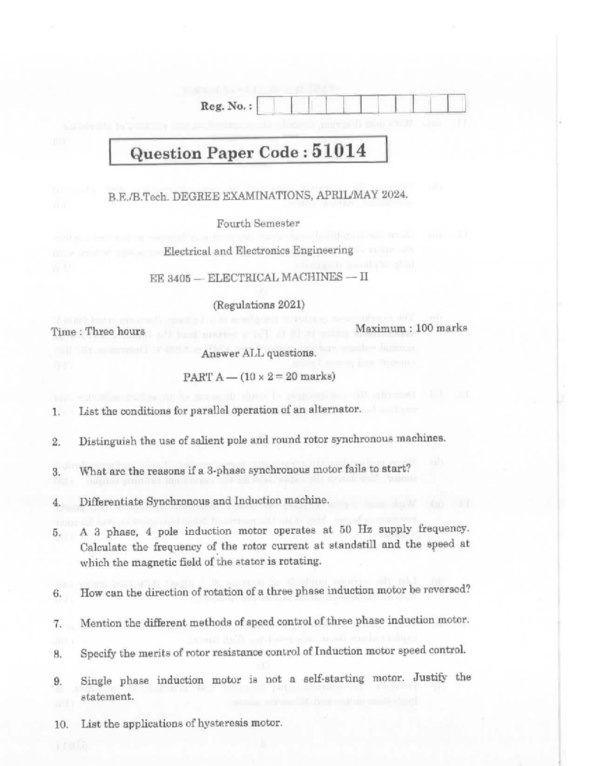 EE 3405 Electrical Machines II - Degree Exam Questions 2024 - Studocu