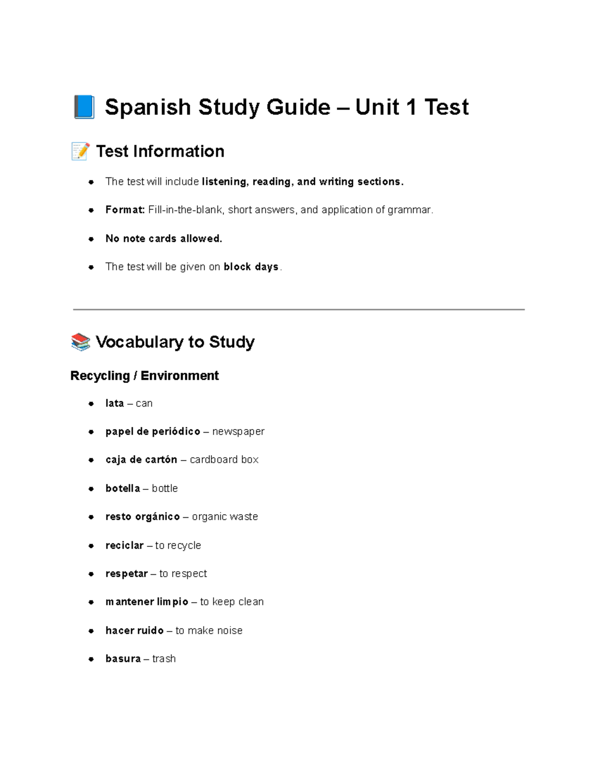 Spanish Study Guide – Unit 1 Test Review & Practice Questions - Studocu