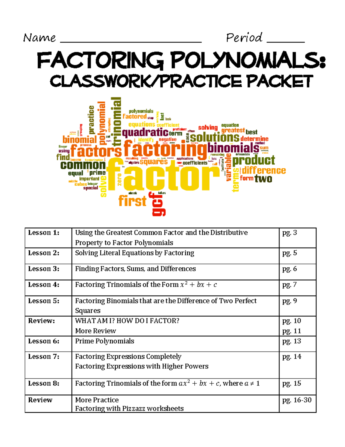 Factoring Practice Packet 2017-2018 - Name ...