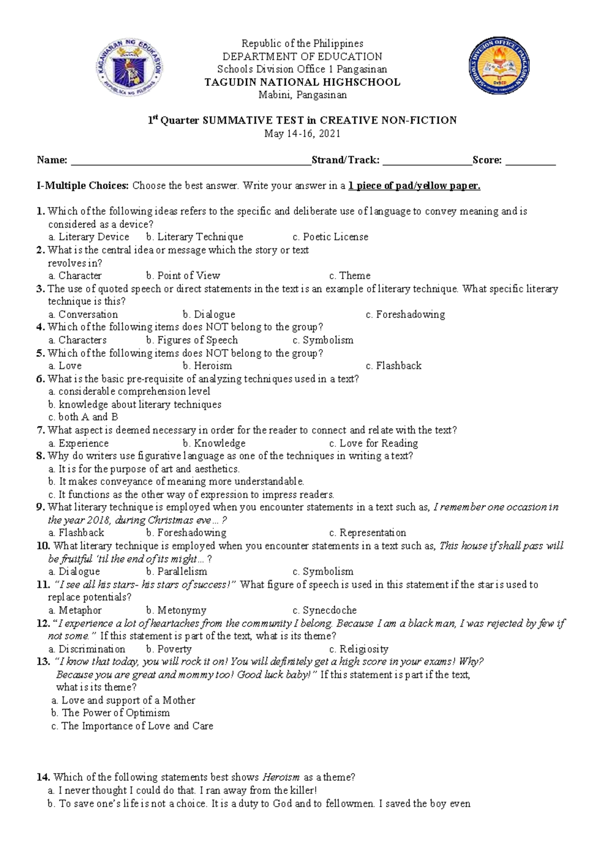 1st Quarter Summative Test in Creative Non-Fiction (May 2021) - Studocu