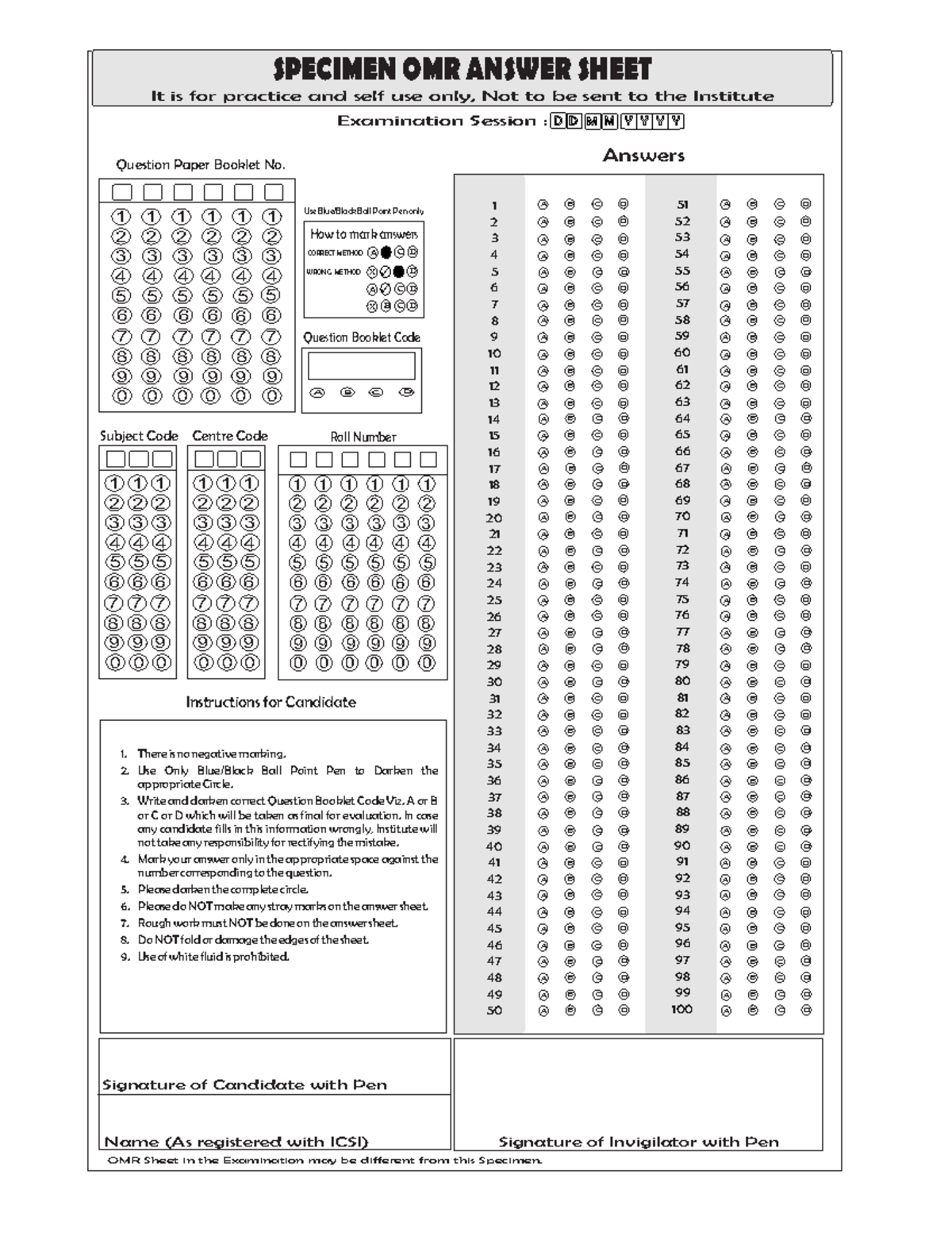 Specimen OMR Answer Sheet for Practice Use Only - Studocu