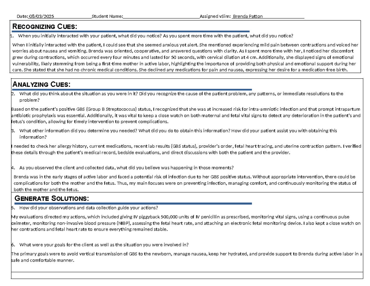 Brenda Patton vSim Clinical Judgment Worksheet - Post Simulation 2.11 ...