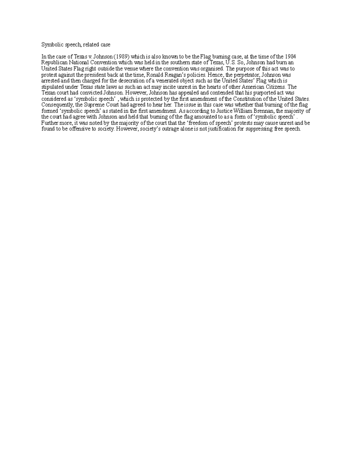 Symbolic Speech in Texas v. Johnson - Freedom of Speech Tuto - Studocu
