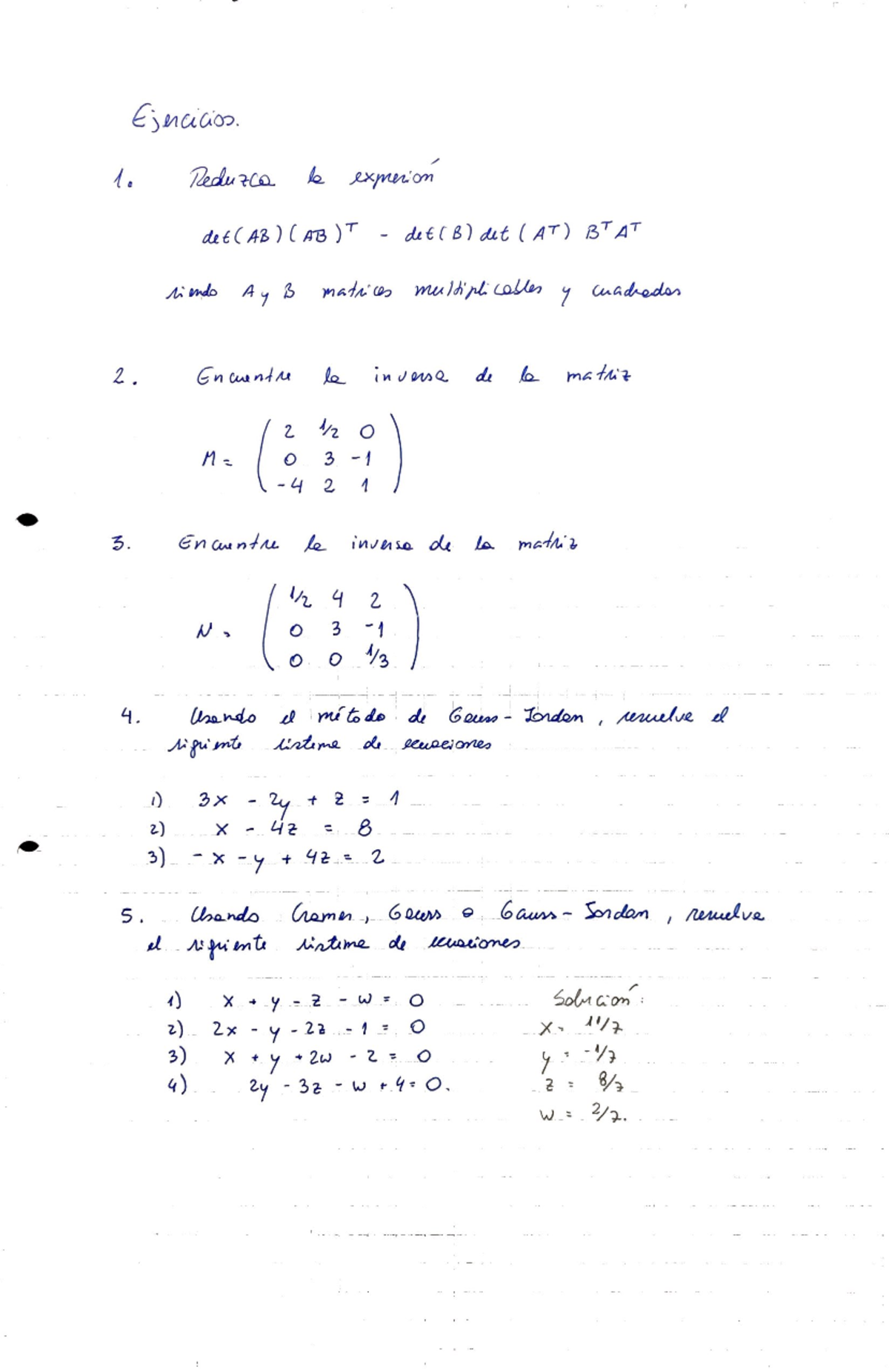 Ejercicios de Matrices y Sistemas de Ecuaciones - Matemáticas 101 - Studocu