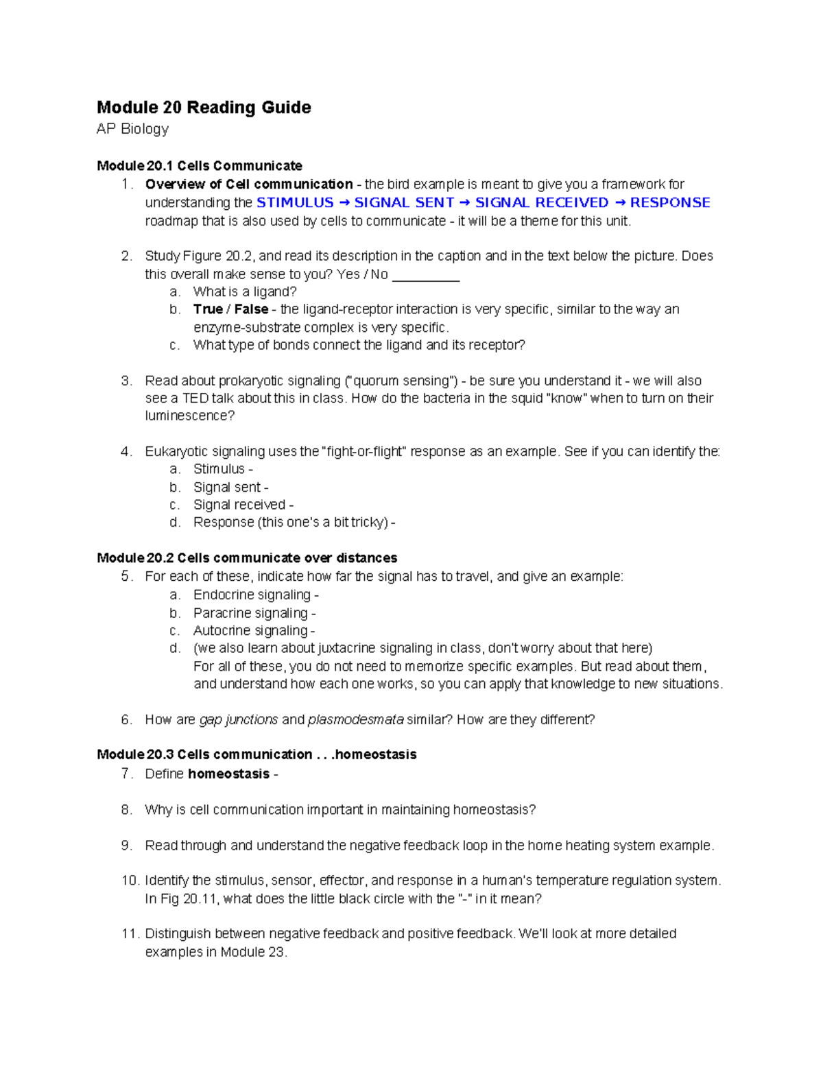 Module 20 Reading Guide: Cell Communication in AP Biology - Studocu