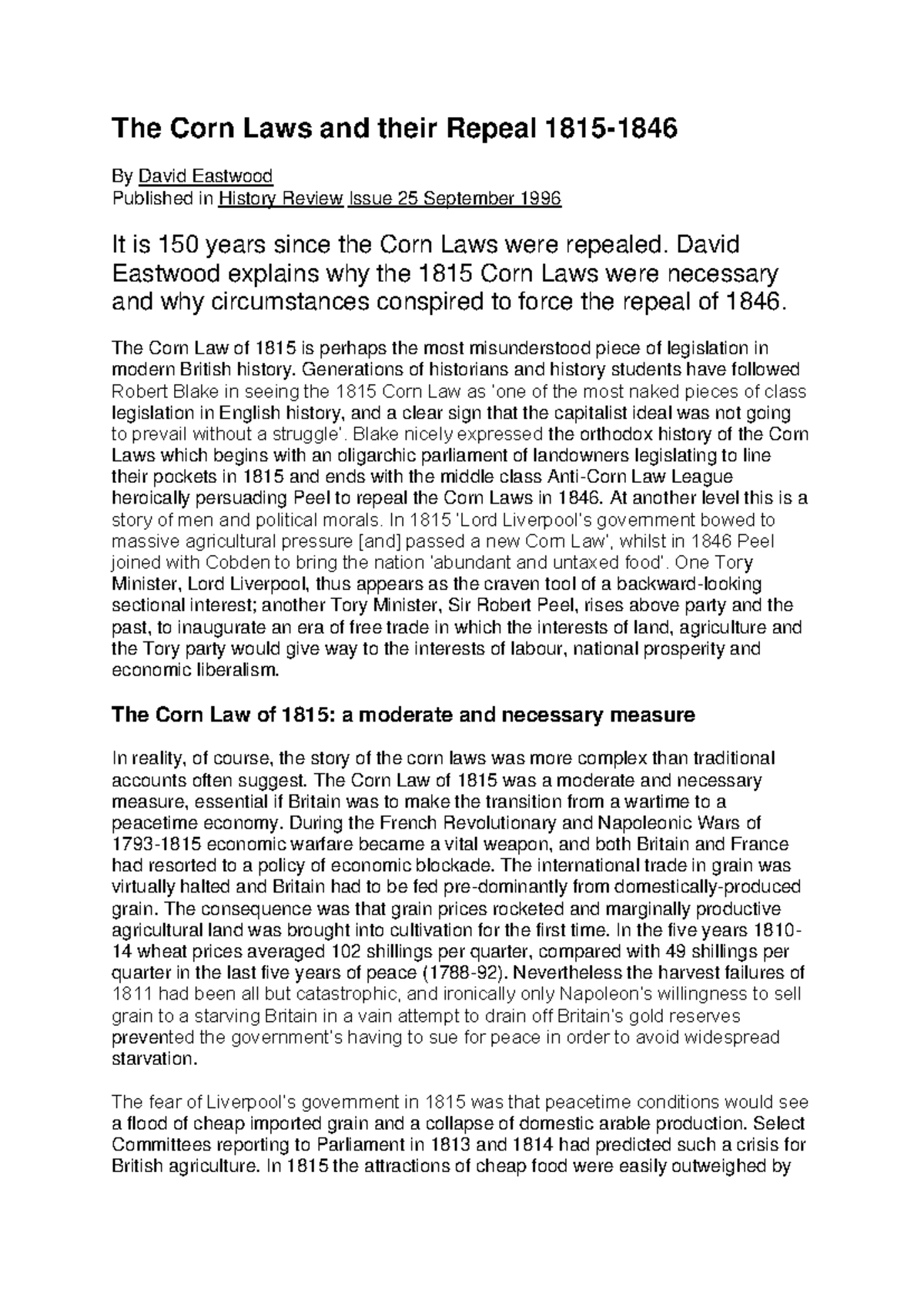The Corn Laws and their Repeal: A Historical Analysis (HIST 1815) - Studocu