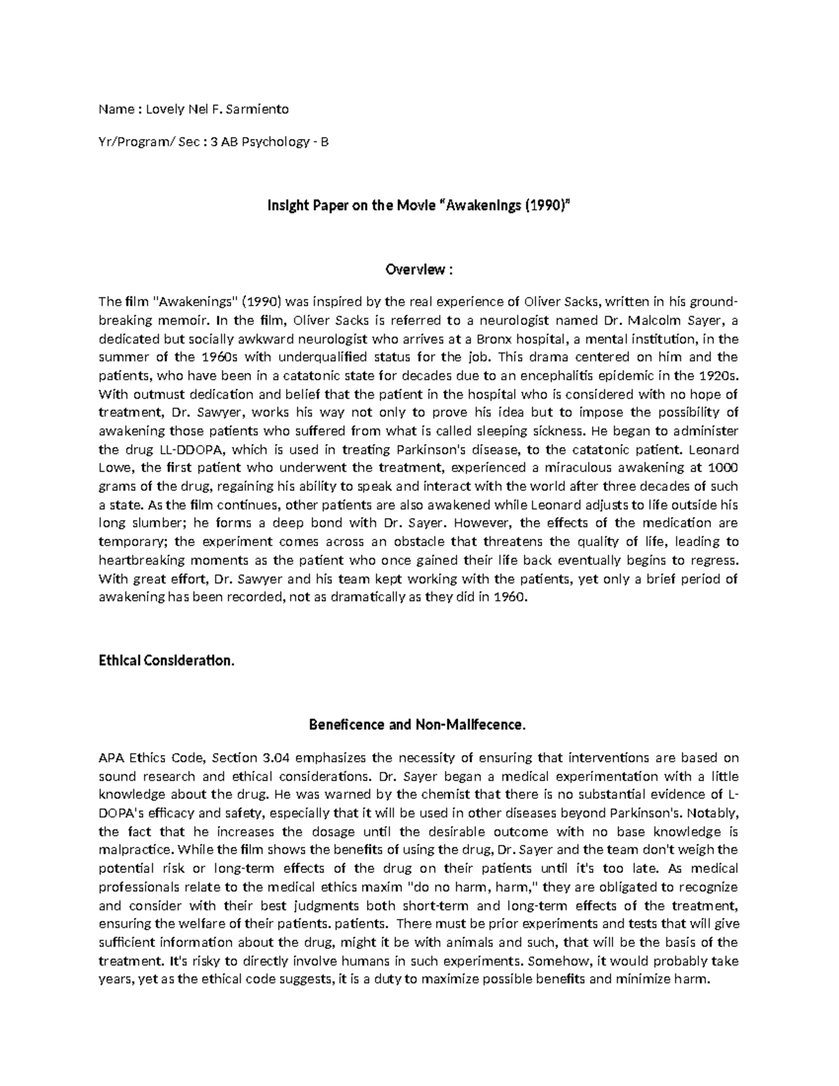 AB Psychology 3: Insight Paper on "Awakenings" Film Ethics - Studocu