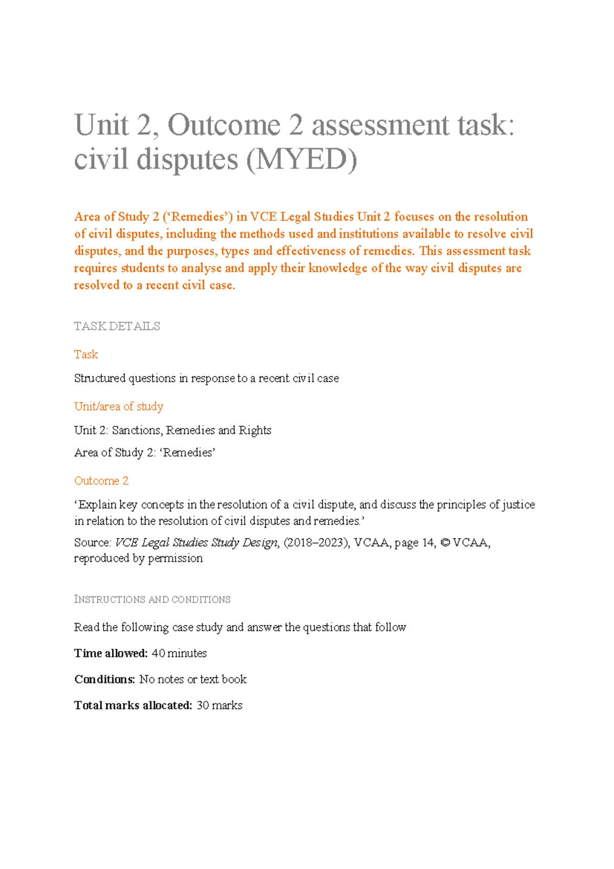 Unit 2 Outcome 2 Assessment: Civil Disputes Case Study Analysis (MYED ...