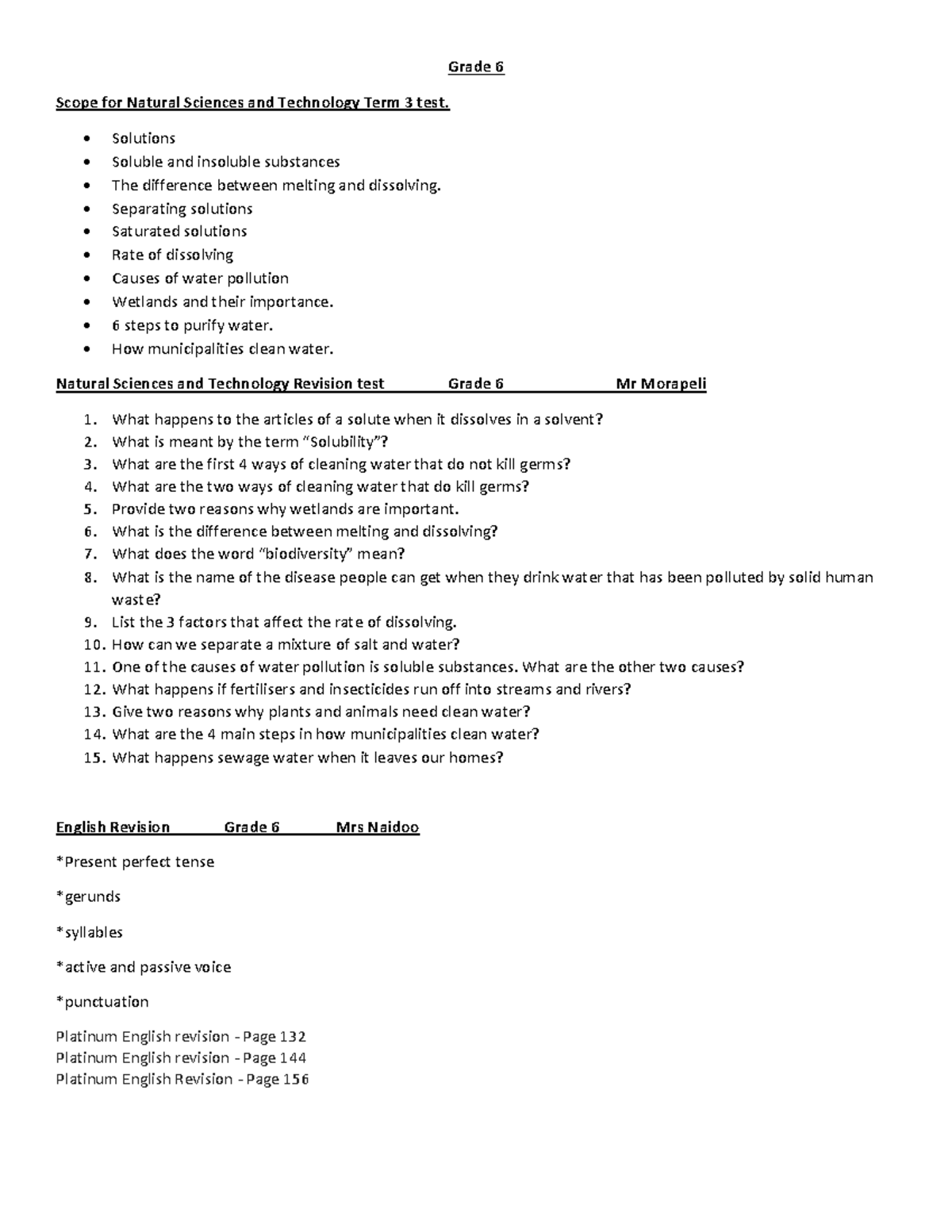 Grade 6 Natural Sciences, English & Geography Revision Tests - Studocu