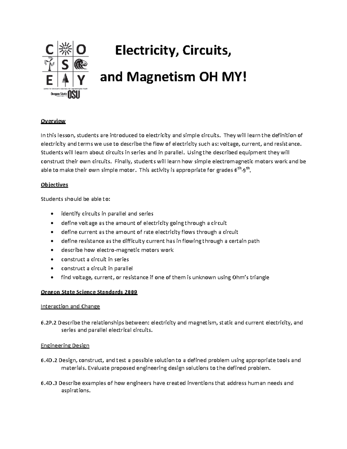 Formal Lesson on Electricity & Circuits - Grades 6-9 - Studocu