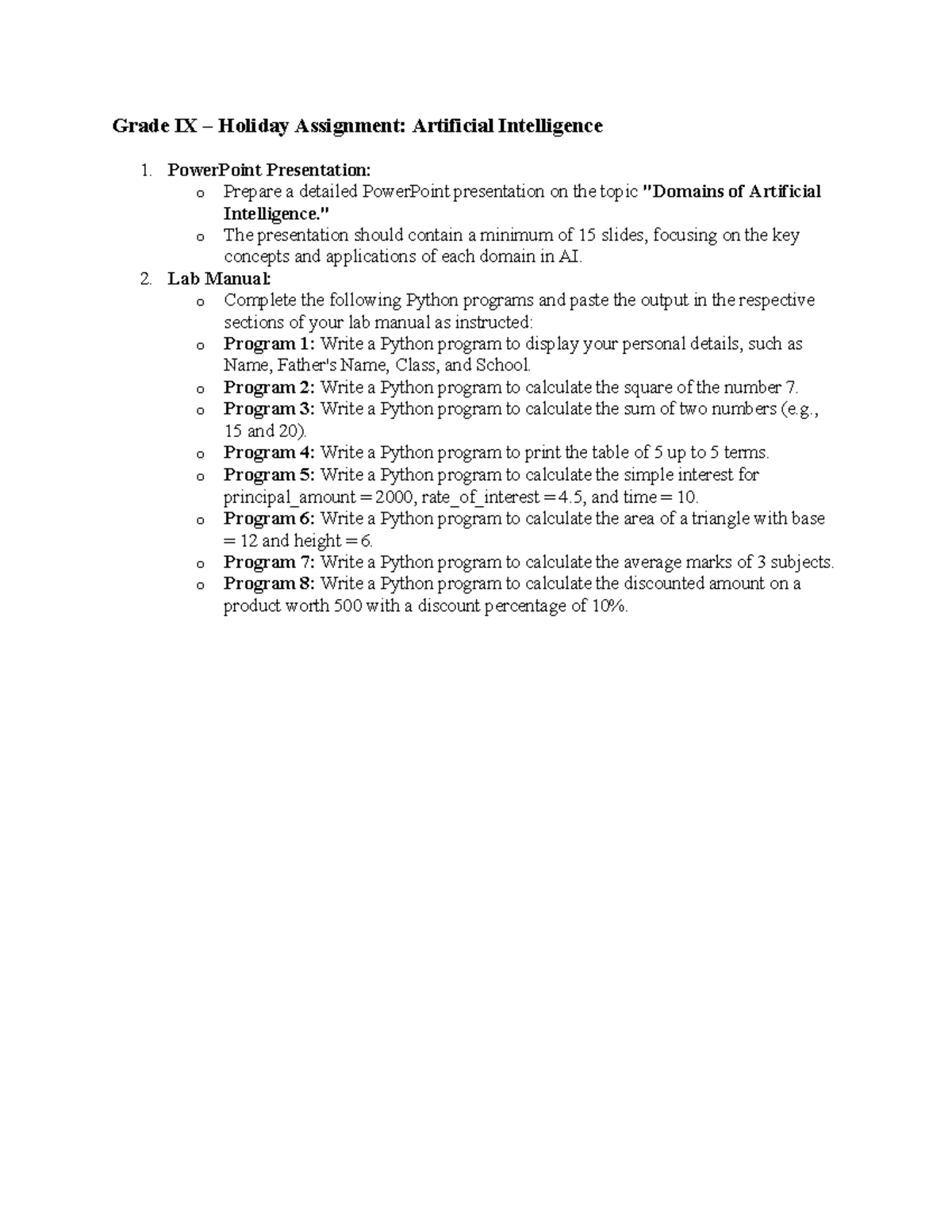 Grade IX Holiday Assignment: AI Presentation & Python Lab Tasks - Studocu