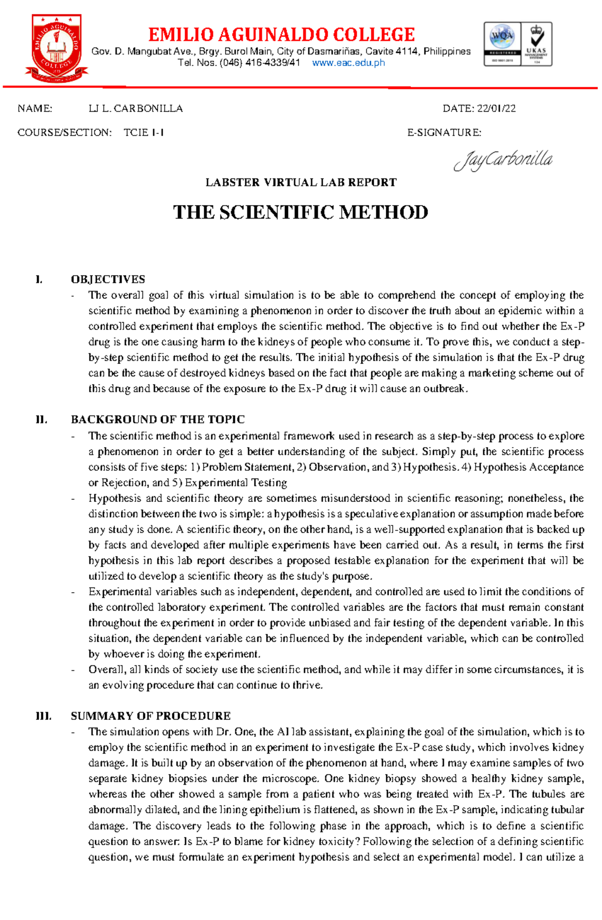 TCIE 1-1 Labster Scientific Method Lab Report: Ex-P Drug Impact ...