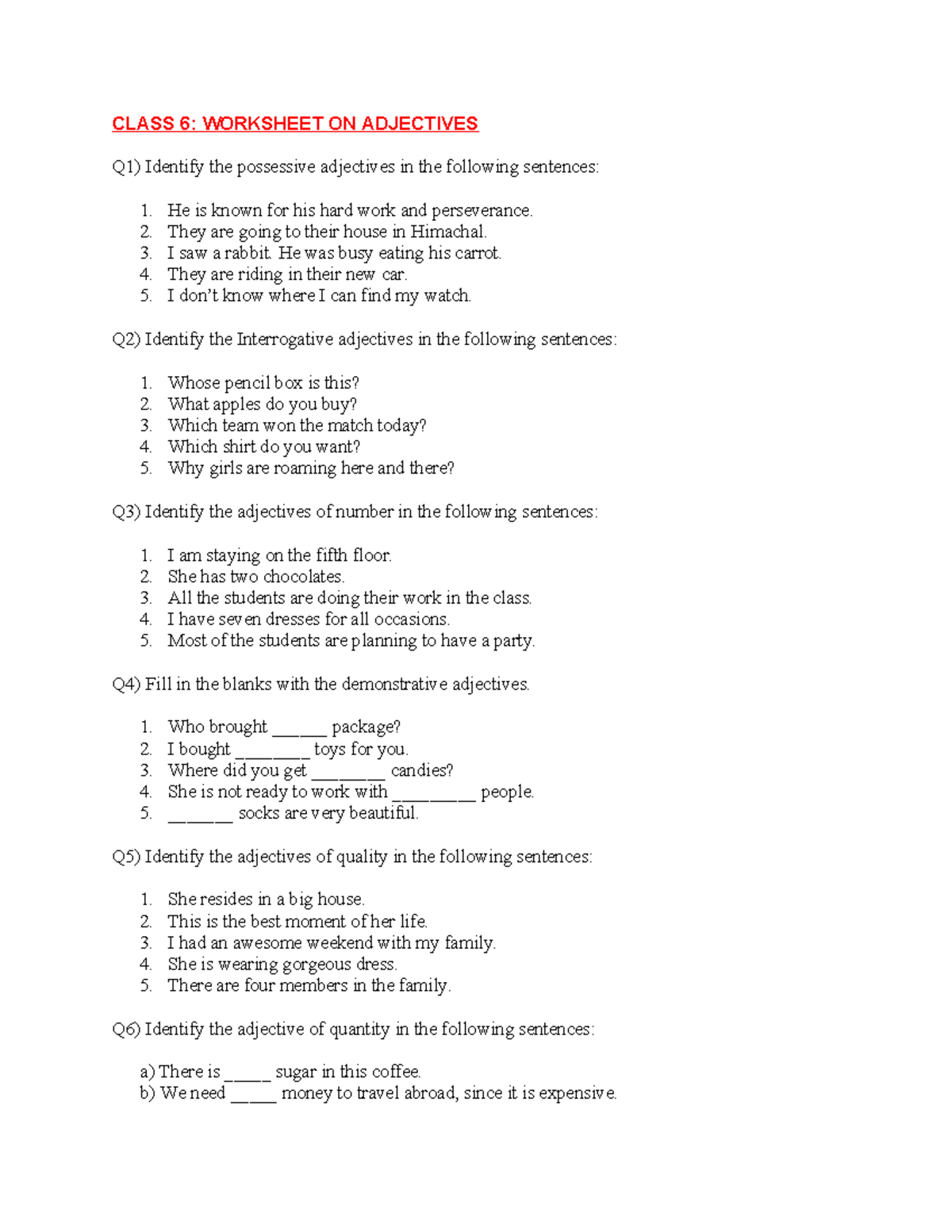 Class 6 Worksheet on Adjectives - CLASS 6: WORKSHEET ON ADJECTIVES Q1 ...