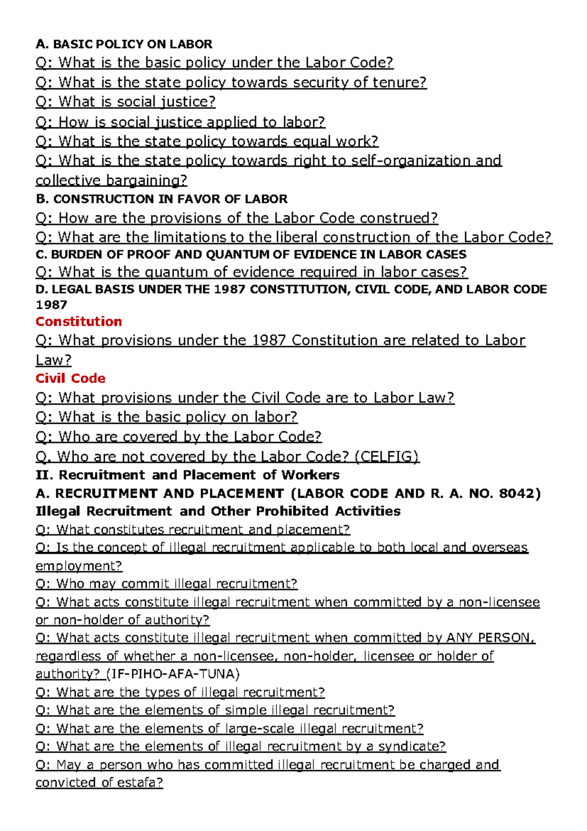 Labor Law General Principles Guide: Key Q&As on Labor Code - Studocu