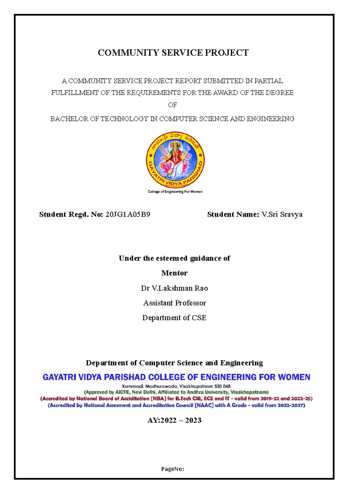 Community Service Project Report - B.Tech CSE 2022-2023 - Studocu