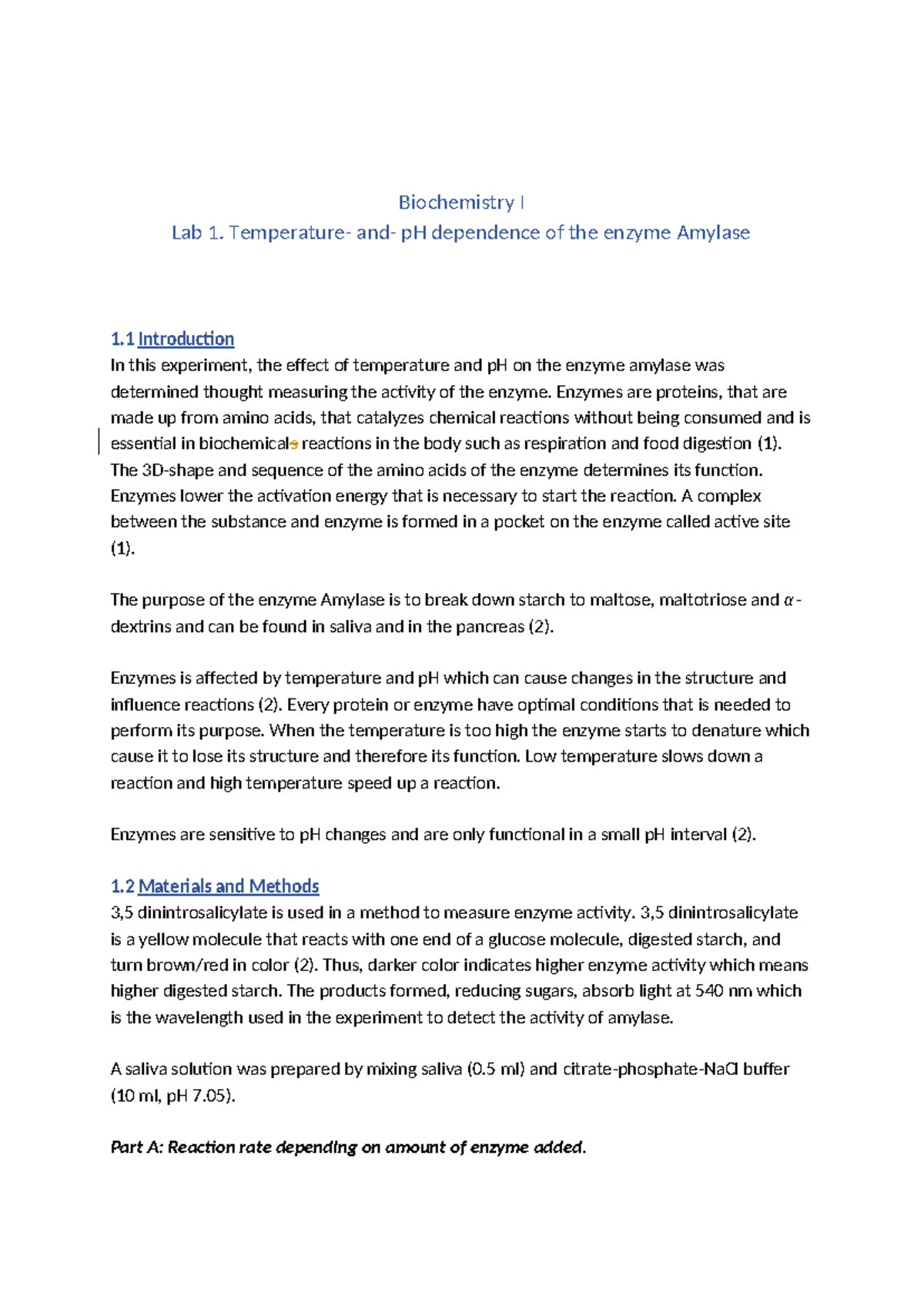 Amylase - Biochemistry I Lab 1. Temperature- and- pH dependence of the ...