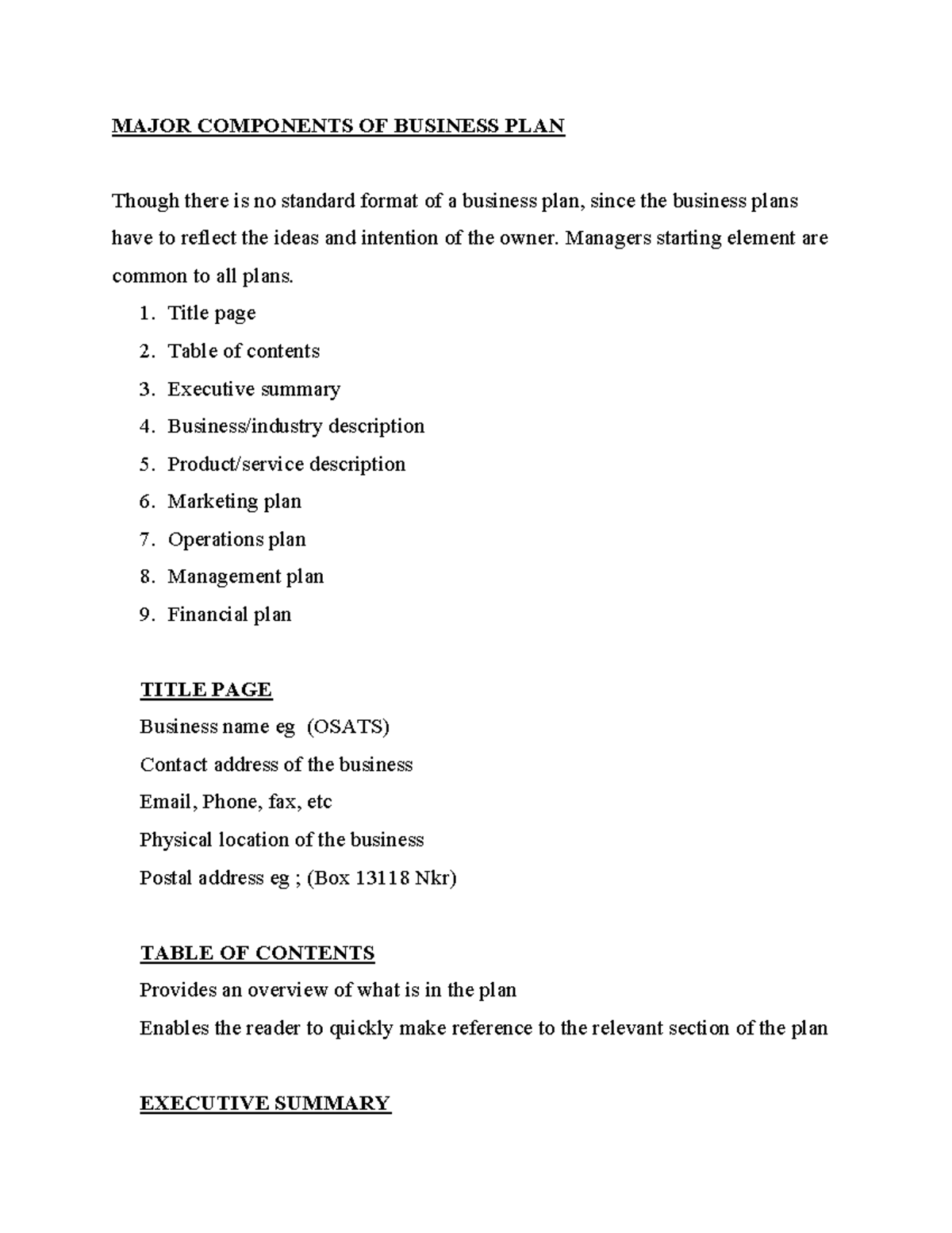 MAJOR COMPONENTS OF A BUSINESS PLAN (BUS 101) - Studocu