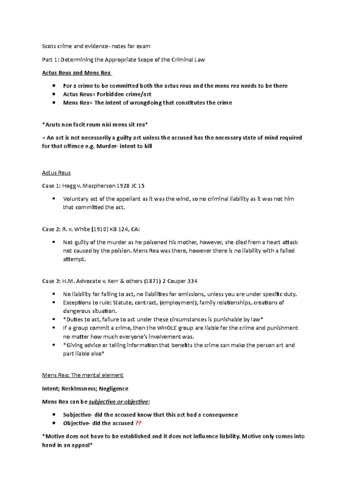 Scots Criminal Law & Evidence Exam Notes: Key Concepts & Cases - Studocu