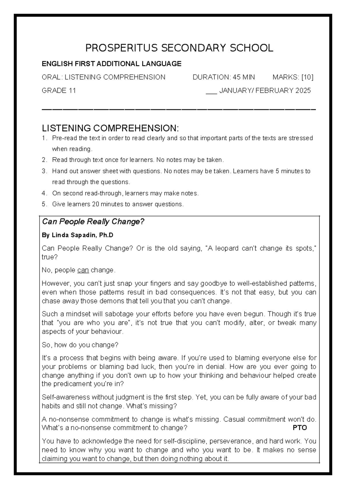 Grade 11 English Listening Comprehension Task 1 - Change Essay - Studocu