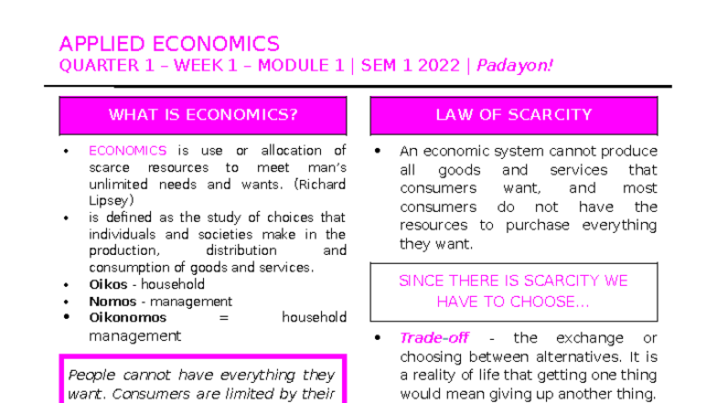 APPLIED ECONOMICS SEM 1 2022: WEEK 1 MODULE 1 OVERVIEW - Studocu