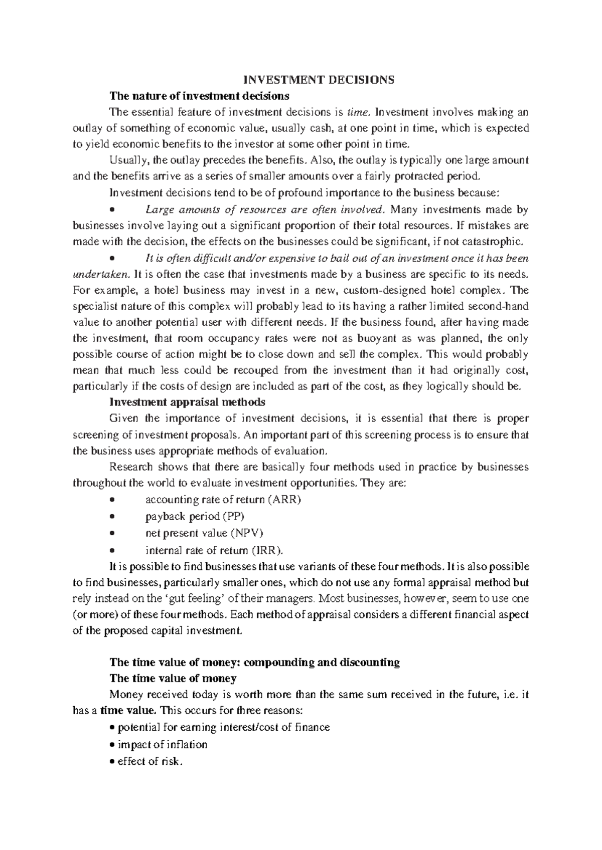 Investment Decisions - LECTURE NOTES on Appraisal Methods and Processes ...