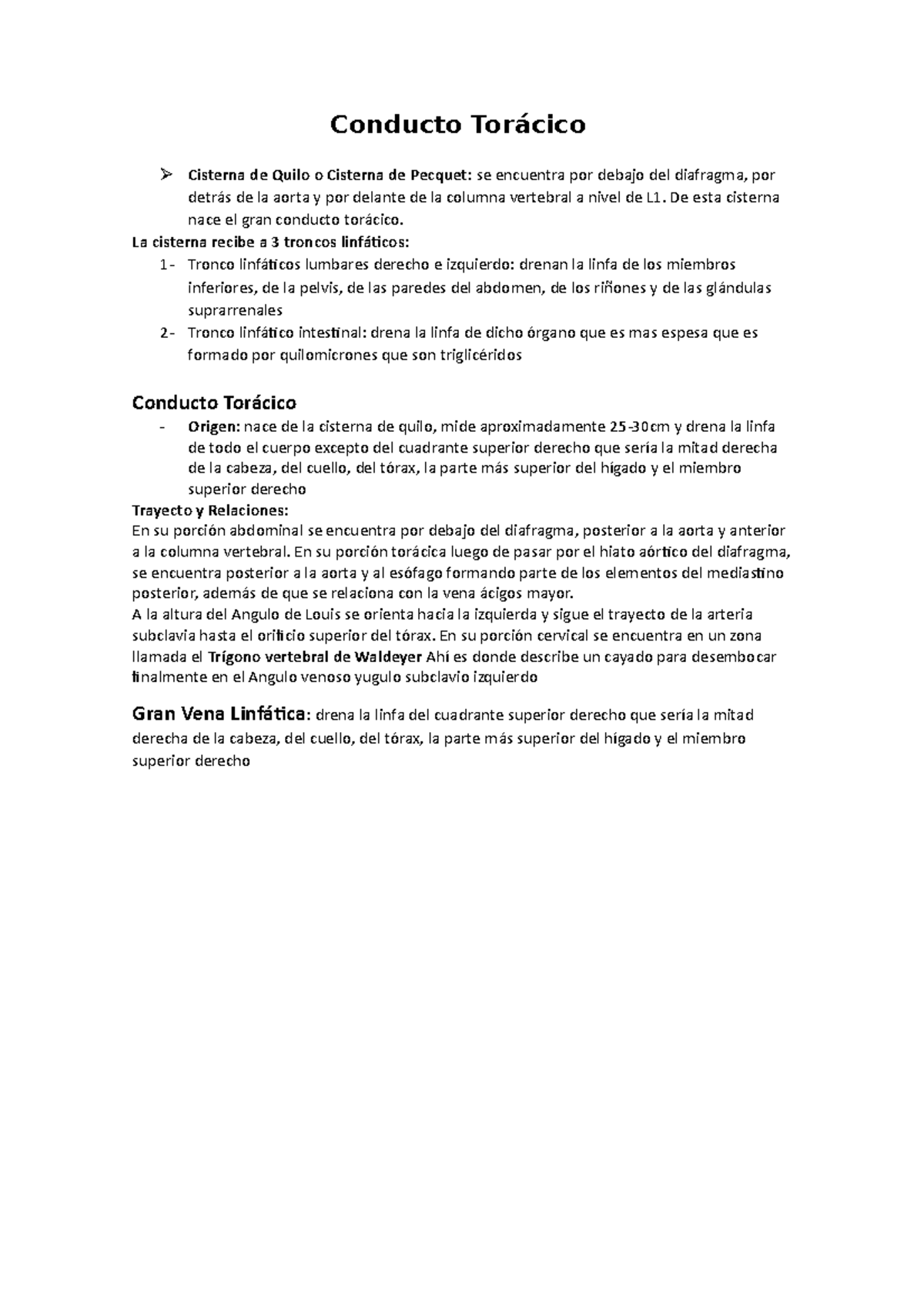Conducto Torácico: Origen, Trayecto y Funciones Linfáticas - Studocu
