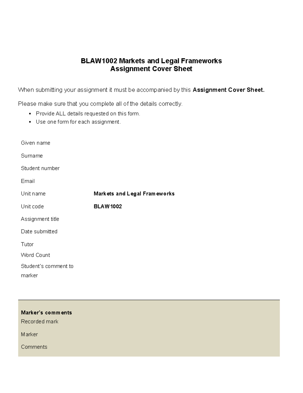 BLAW1002MLF Assignment cover sheet - BLAW1002 Markets and Legal ...