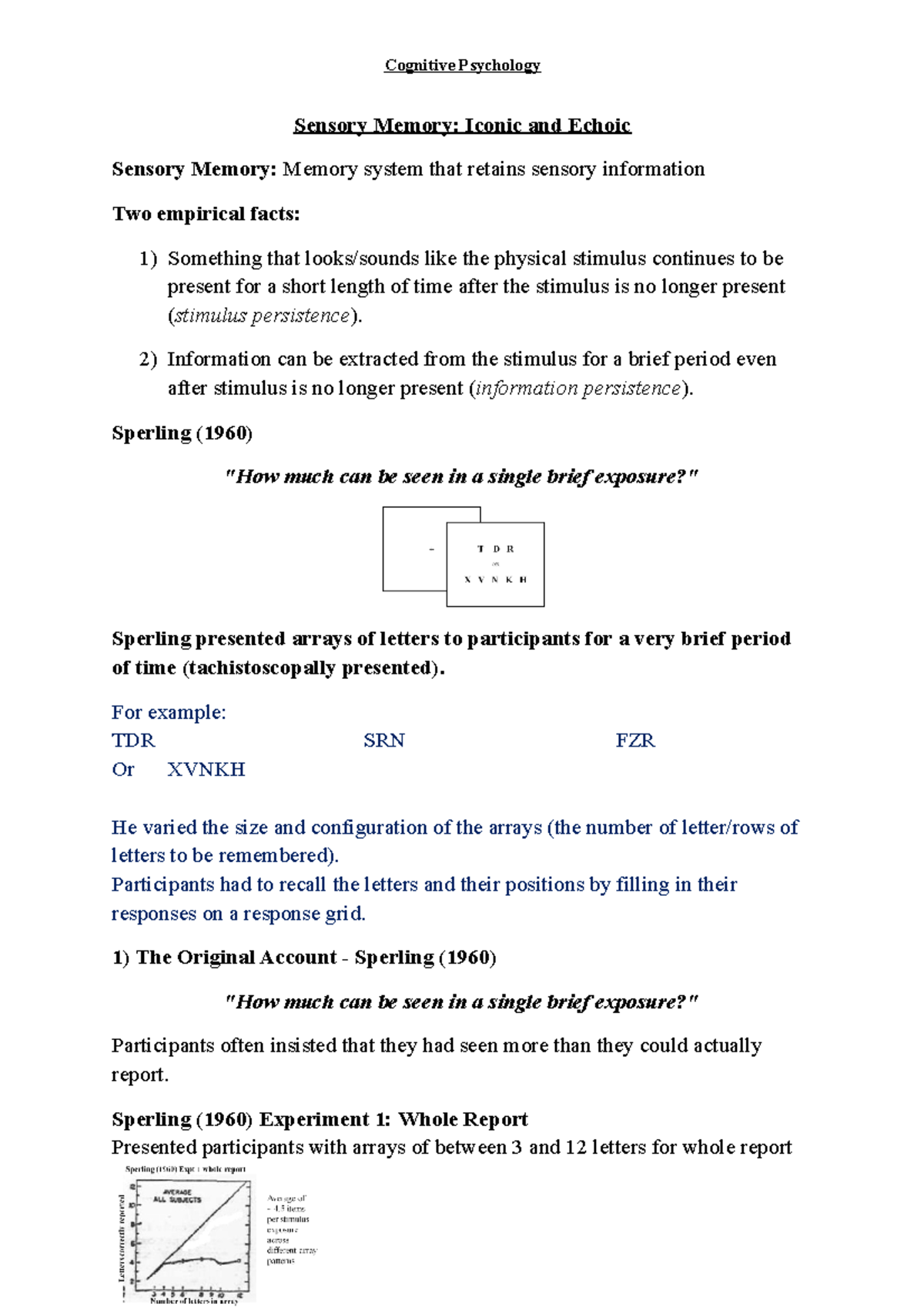 Sensory Memory - Lecture notes 2 - Cognitive Psychology Sensory Memory ...