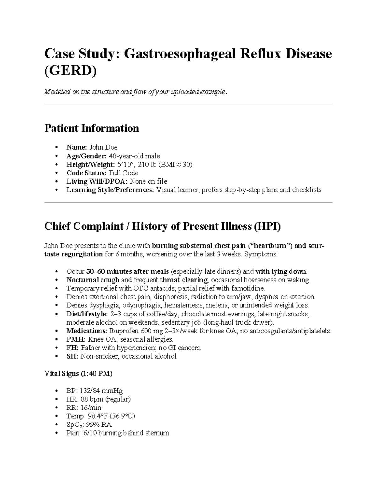 Case Study: GERD Management and Patient Assessment (MED 101) - Studocu