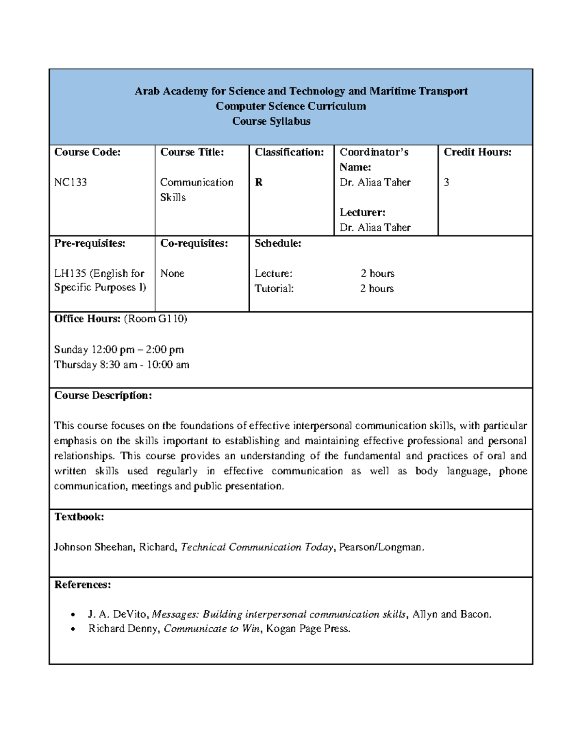 NC133 Communication Skills Course Syllabus and Outline - Studocu