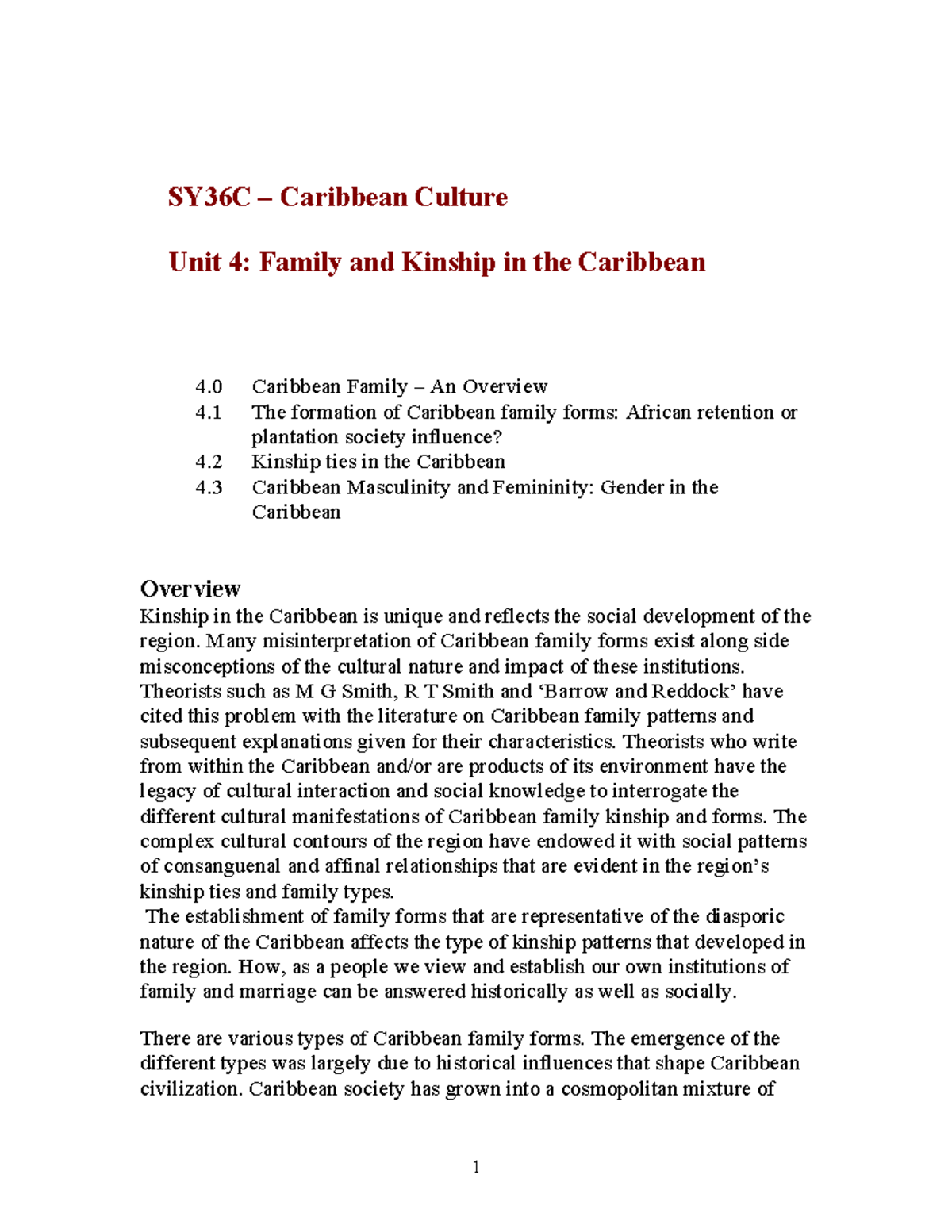 SY36C Caribbean Culture Unit 4: Family & Kinship Dynamics - Studocu