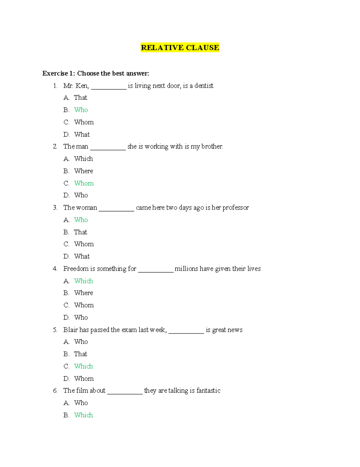 Relative Clauses Lesson - English Grammar Exercises - Studocu